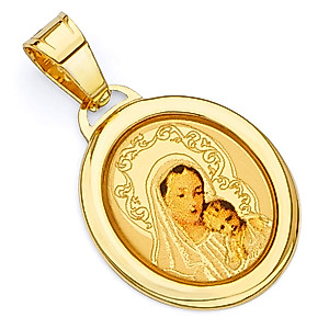 14k REAL Yellow Gold Religious Blessed Virgin Mary and Jesus Enamel Picture Charm Pendant