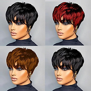Evasens Pixie Cut Wigs Human Hair Short Wigs for Black Women Human Hair Pixie wig with Bangs Short Black Wig Layered Wigs Daily Wear (1B#ZZ)