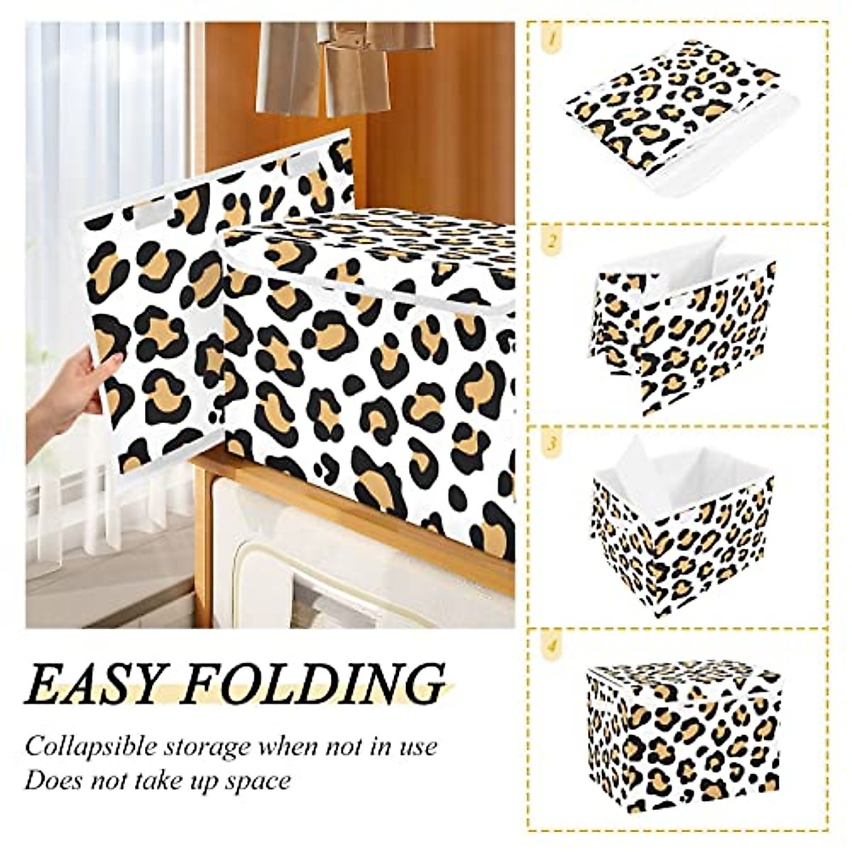 CaTaKu Leopard Spots Brown Storage Bins with Lids and Handles, Fabric Large Storage Container Cube Basket with Lid Decorative Storage Boxes for Organizing Clothes