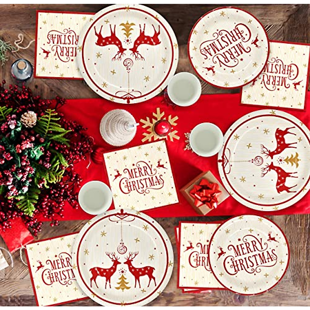 Merry Christmas Reindeer Party Supplies Tableware Set 24 9" Dinner Plates 24 7" Plate 24 9 Oz Cups 24 Lunch Napkin for Holiday Xmas Red & Gold Reindeers Tree Disposable Paper Dinnerware Decorations