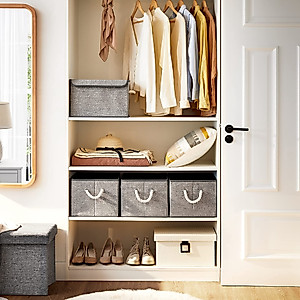 SONGMICS Fabric Storage Boxes, Set of 3 Storage Cubes, Foldable Baskets with Handles, 15.7 x 11.8 x 9.8 Inches, Toy Storage, Linen Pattern, Gray URFB013G01