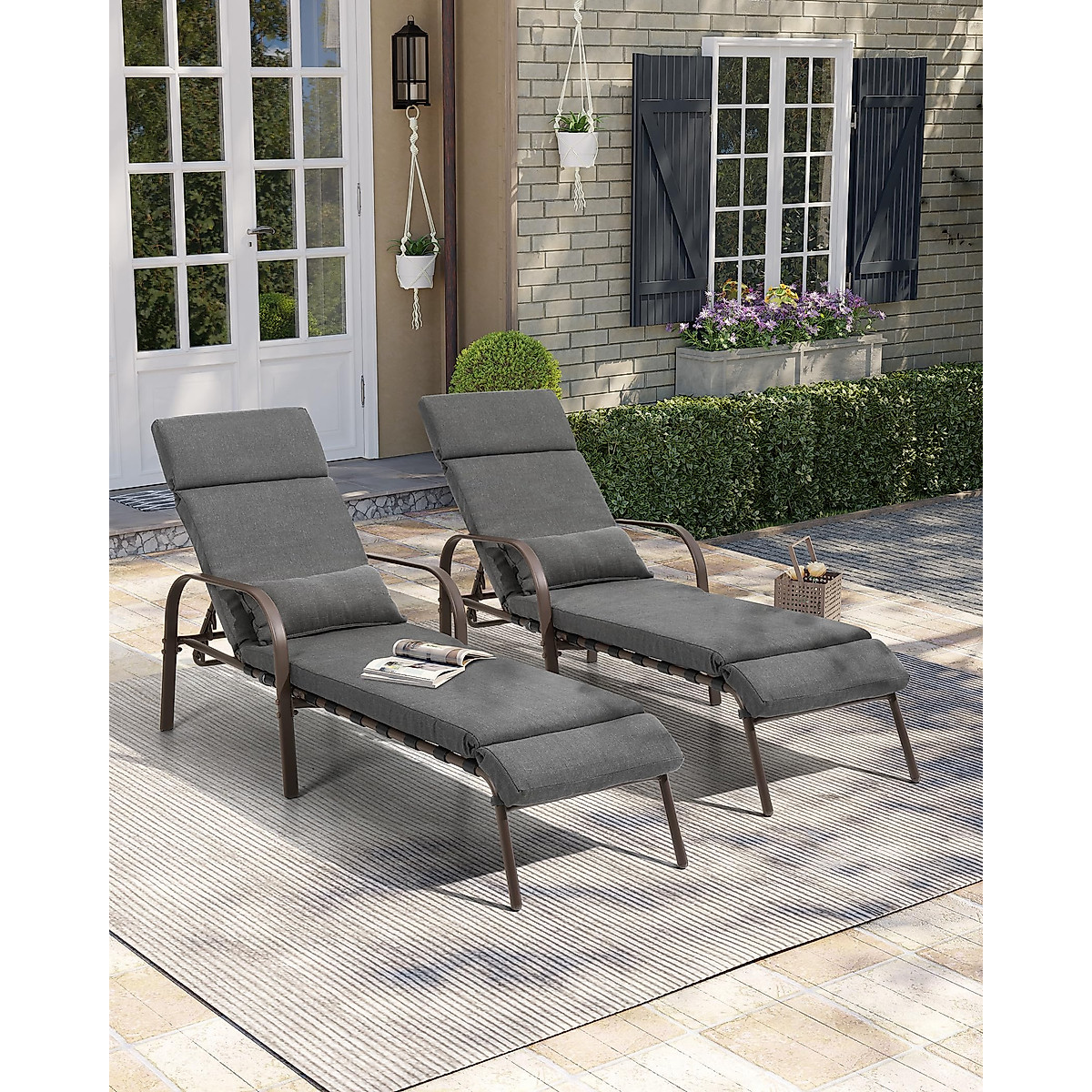 Pellebant Patio Chaise Lounge Chair with Cushion, Adjustable Lounge Chair with 5 Positions, Outdoor Recliners All Weather for Pool, Beach and Yard, 2 Pcs,Dark Grey