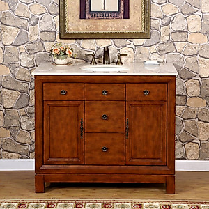 Silkroad Exclusive HYP-0911-CM-UWC-42 Countertop Cream Marble Stone Single Sink Bathroom Vanity with Bath Cabinet, 42", Medium Wood