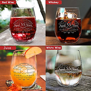 DU VINO Vintage Edition 55th Birthday Stemless Wine Glass for Men and Women (55th Anniversary) 15 oz | Happy Birthday Wine Glasses for 55 Year Old | Classic Birthday Gift, Reunion Gift for Him or Her