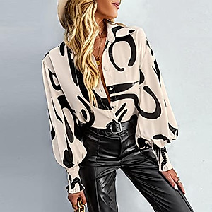 Button Down Shirts for Women Collared Long Lantern Sleeve Loose Fall Blouse Patterned To Wear with Leggings Boho Print Casual Tunic Tops Hawaiian Autumn Elastic Sleeve Summer Graffiti Beige