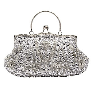 Mogor 1920s Women Vintage Beaded Sequin Evening Handbag Formal Crossbody Evening Clutch Prom Cocktail Party Handbags（Silver）