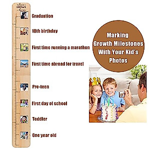 Solid Wood Growth Chart for Kids with Picture Frames, Height Measurement Ruler Milestone Markers, Foldable Kids Height Wall Chart, Birthday Keepsake Gift for Toddlers Boys Girls Room Wall Decor