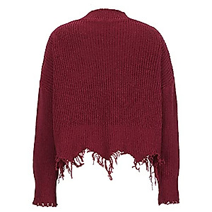 Womens V Neck Knit Sweater Long Sleeve Ripped Pullover Loose Fit Warm Knitted Jumper Crop Tops Sweaters Wine