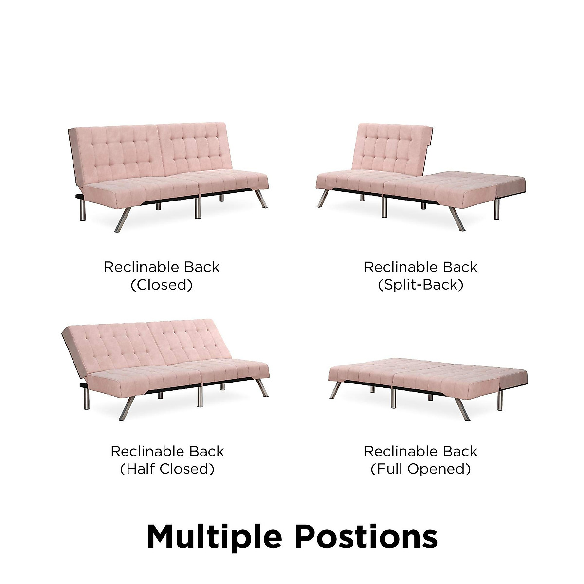 DHP Emily 71 Inch Futon Sofa Bed Fabric, Armless Upholstered Couch Sleeper with Tufted Back and Seat, Mid-Century Modern, Pink Velvet