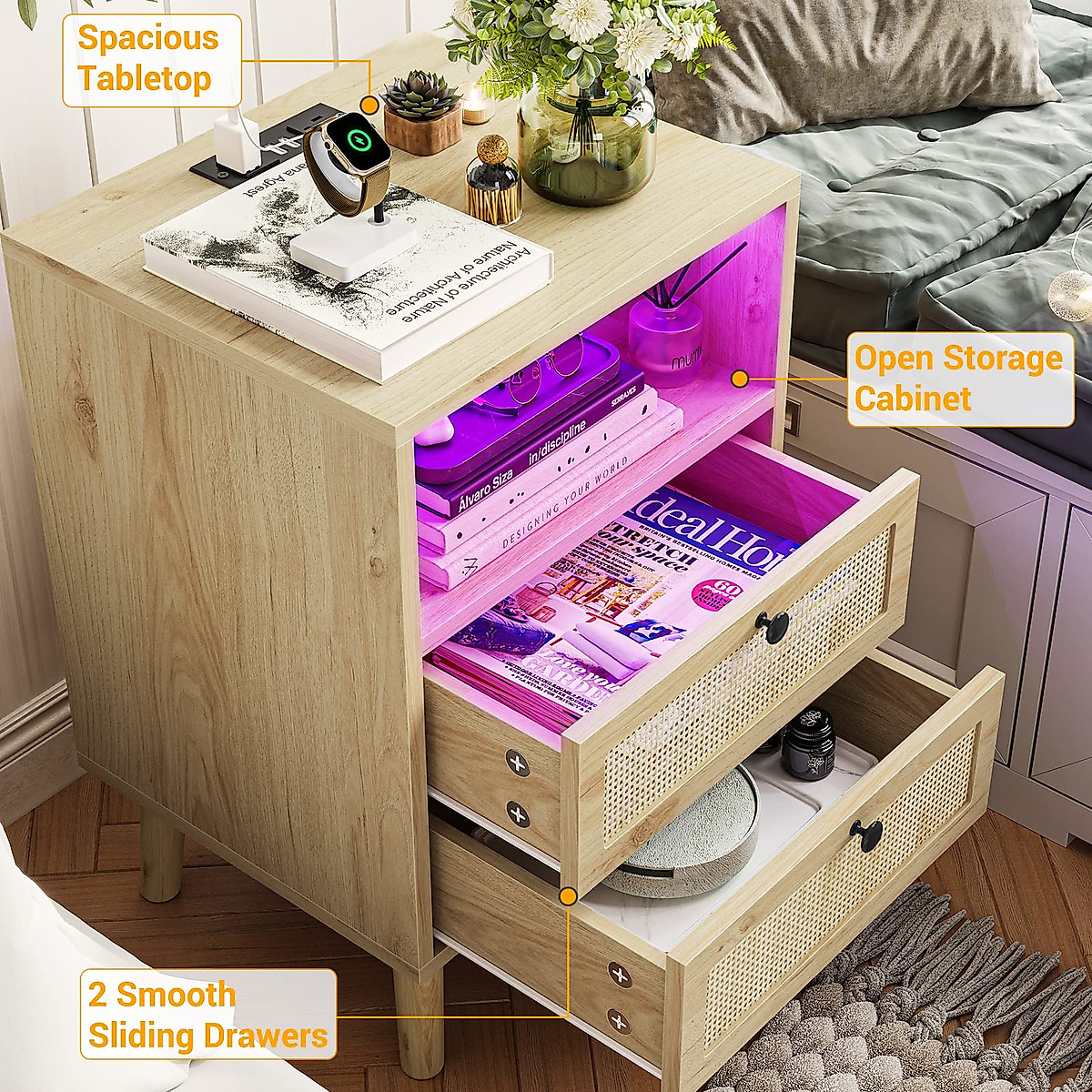 VIAGDO Rattan Nightstand with Charging Station, Led Night Stand with 2 Rattan Drawers, Bedside Tables with Solid Wood Feet, End Side Table with Open Storage Shelf for Bedroom