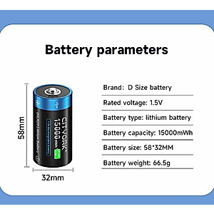 CITYORK 4 Pack D Batteries, 15000mAh USB Rechargeable D Cell Lithium Batteries with 4 in 1 USB-C Cable, 1.5V Constant Output D Size Battery for Flashlights, Remote Controls, Radios,Toys, Clocks