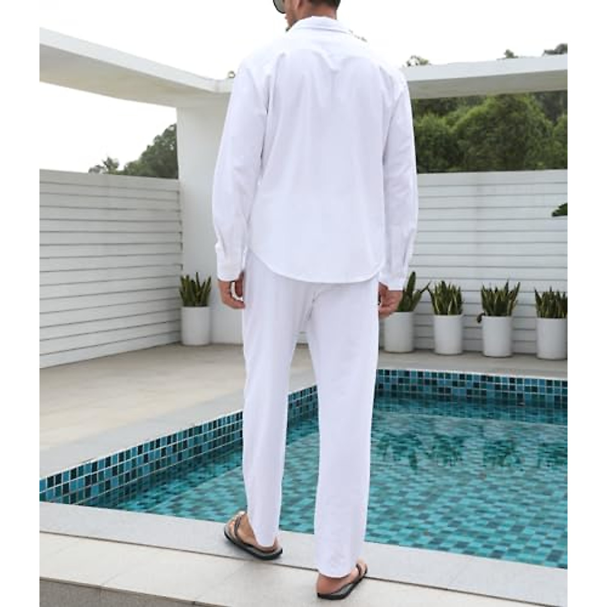 YAOGRO Men's Linen Sets Outfits: 3 Piece Beach Button Down Shirts Casual Loose Pants Short Sleeve Walking Suits