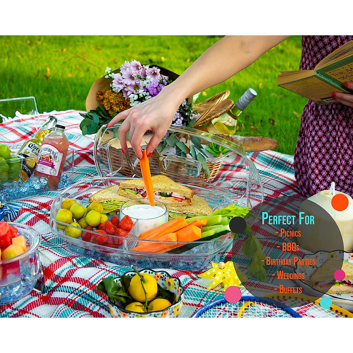 GESPINK Transparent Polystyrene Condiment Tray, 15.1 x 11 x 6.7 inches, Easy to Clean, With Lid and Bottom Tray