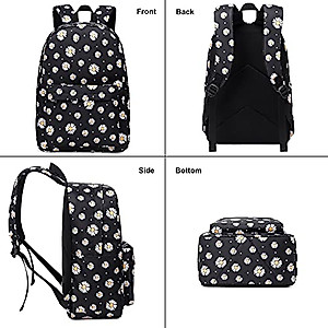 Kouxunt Daisy Girls School Backpacks for Kids Teens, 3-in-1 School Bag Bookbags Set with Lunch Bag Pencil Case (Black)
