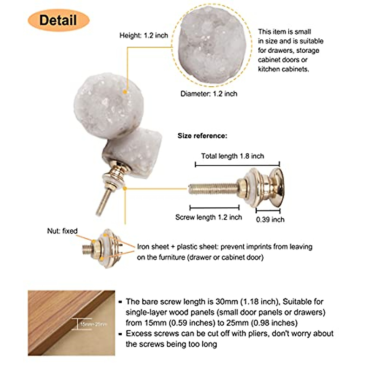 AMOYSTONE 2pcs Natural White Crystal Geode Knobs Unique Stone Handle Pulls Thread Brass Small for Door Drawer, Bedroom Cabinet