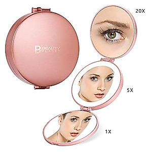 B Beauty Planet 20X Magnifying Mirror with Light, 20X/5X/1X Travel Lighted Makeup Mirror,Portable LED Compact Mirror,Handheld Folding Rechargeable Ring Light Mirror(4inches, Rose Gold)