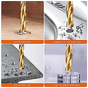 Luckyway 14-Piece Titanium Twist Drill Bit Set, 1/16"-1/4" HSS 4341 for Wood Plastic Aluminum Alloy Drilling