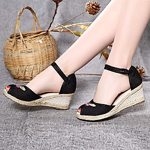Singles Shoes Sandals for Women Retro Linen Canvas Wedge Round Toe Casual Sandals Walk Shoes Black