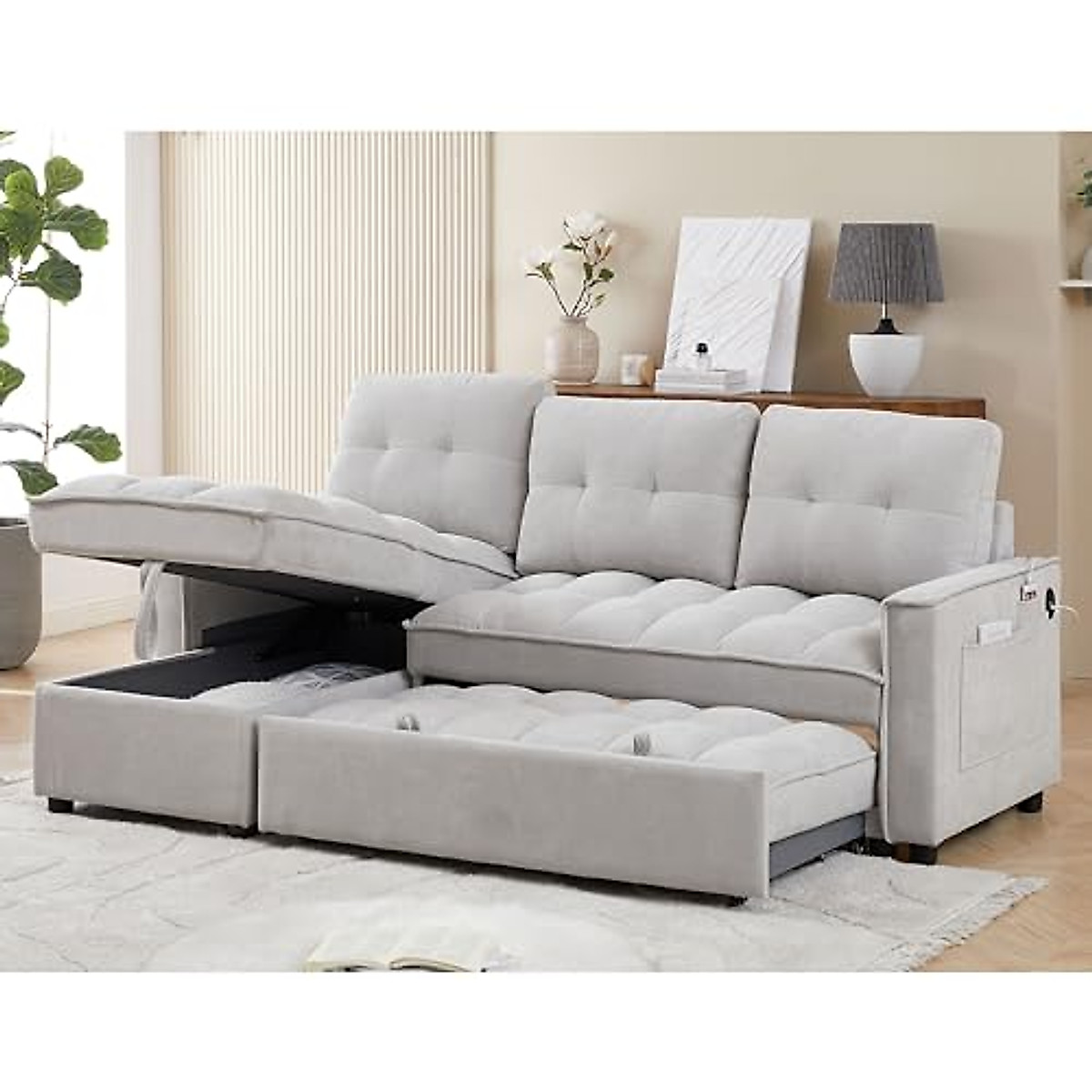 ERYE L-Shaped 3-Seaters Reversible Sleeper Sectional Sofa W/Pull Out Couch Bed and Storage Chaise for Living Room, Chenille Tufted Upholstered Convertible Sofabed with USB and Type-C Charging Ports