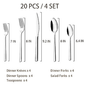 20-Piece Silverware Set Stainless Steel Flatware Set, Mirror Polished Eating Utensils Set for 4, Include Fork Spoon Knife, Dishwasher Safe(silver)