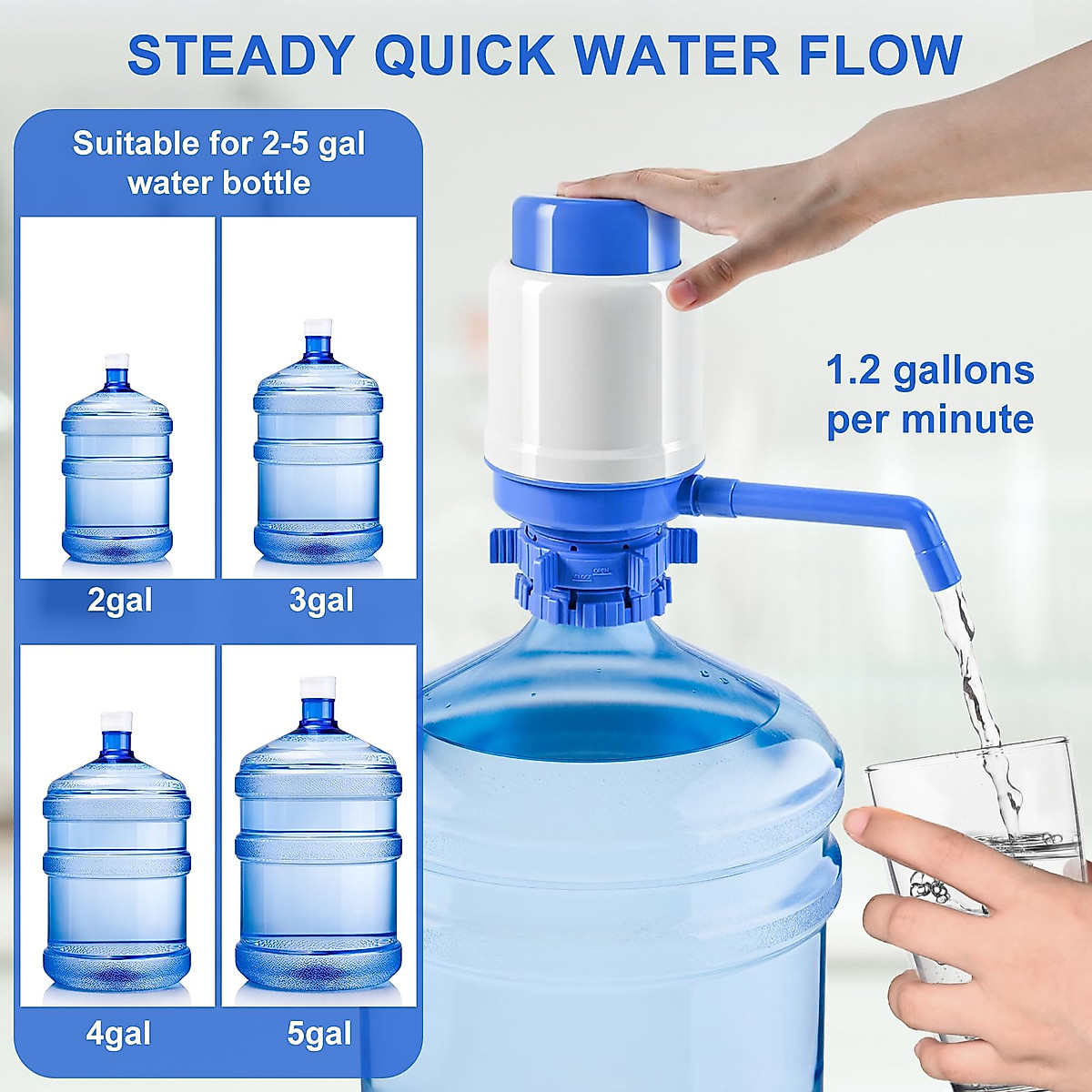 Manual Water Dispenser for 5 Gallon Bottle – Hand Press 5 Gallon Water Dispenser, Universal Fit for 2-5 Gallon Crown Top Jugs - 3 Tube Lengths, Protective Spout Cap, Cleaning Brush, BPA-Free