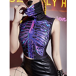 LANSHULAN Gothic Skeleton Print Hooded Crop Top