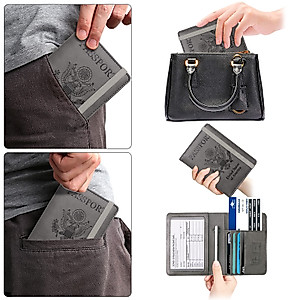 WALNEW Passport Holder Wallet, RFID Blocking Passport Cover Case PU leather Card Holder with Pen and Clear Card Slot for Women Men, Gray