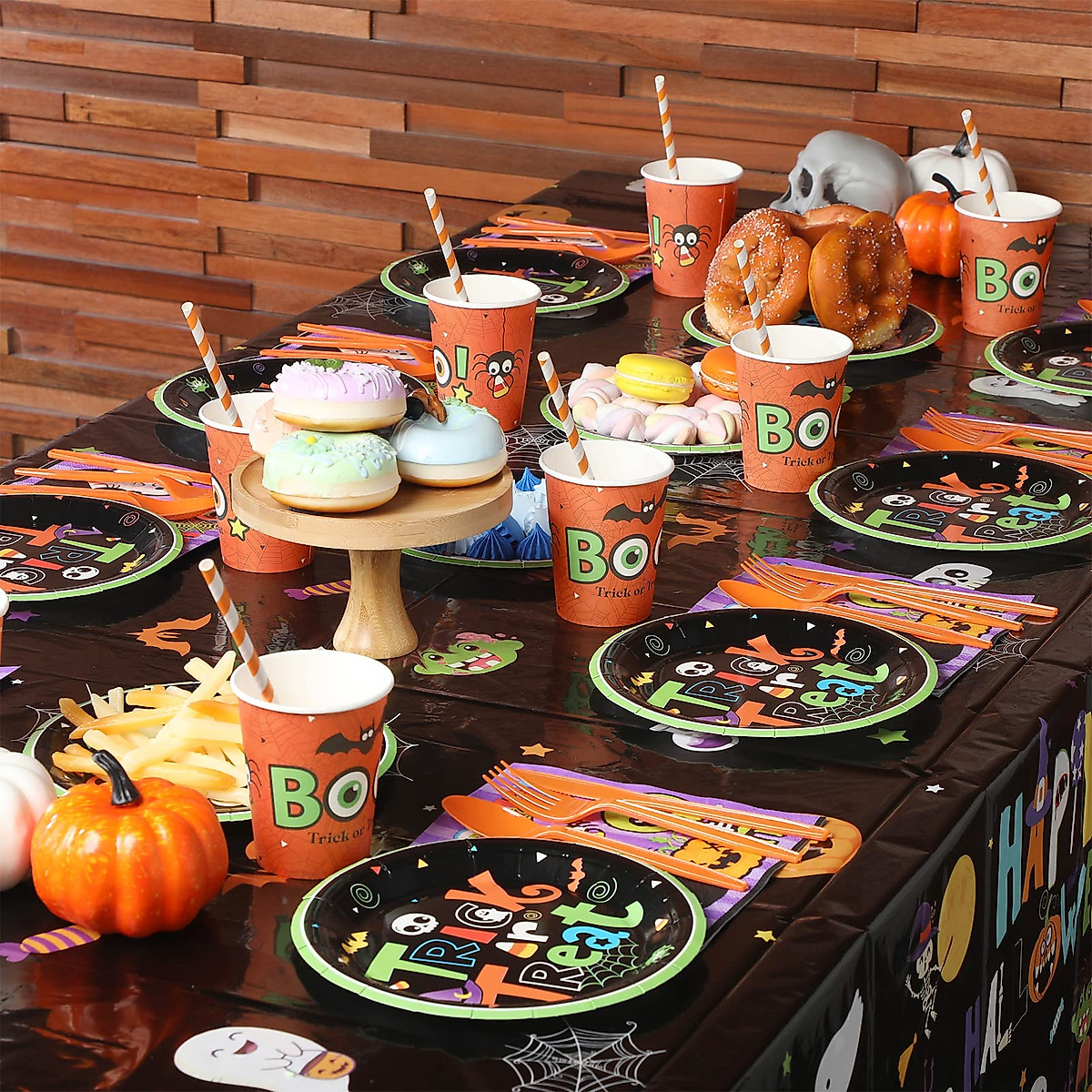 194 Pieces Halloween Party Supplies Tableware Set,Paper Dessert Plates Cups and Napkins Plastic Tablecloth Disposable Straws Knives Forks for Happy Halloween Holiday Party Decorations