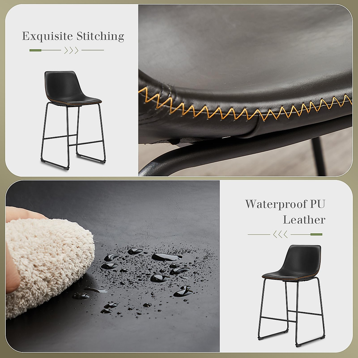 DUMOS 26 Inch Counter Height Bar Stools Set of 2, Modern Faux Leather High Barstools with Back and Metal Leg, Bar Chairs for Kitchen lsland, Black