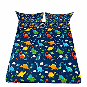 Dinosaur Fitted Sheet Queen Size Kids Bedding Set Cartoon Dinosaur Fitted Sheet For Boys Children Colorful Bedroom Decor Ancient Jungle Animals Bed Cover Tropical Hawaiian Palm Leaf Bed Set Blue