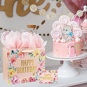13" Large Happy Birthday Gift Bag with Card and Tissue Papers for Women Girls Floral Design with Handles