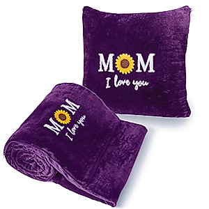 Birthday Gifts for Mom, Mom Birthday Gifts, Mother's Day Mom Gifts from Daughter, Valentines Day Gifts for Mom, Pillow Blanket 2 in 1, I Love You Mom Soft Sunflower Pillow Blanket 80"x60" (Purple)