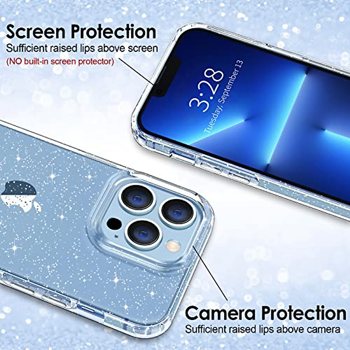 for iPhone 13 Pro Max Case Clear Glitter, Cute Girly Sparkly Bling Phone Case for Women Girls [Sparkle Design] Anti-Scratch Soft TPU Slim Fit Shockproof Protective Case Cover 6.7", Clear Glitter