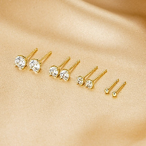Dabestapp 14K Gold Plated CZ Stud Earrings Simulated Diamond Hypoallergenic Piercing Ear Studs Set 2mm /3mm/4mm/5mm for womens and girls（4Pairs ）
