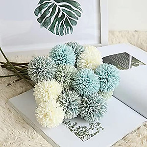 Tinsow 12 Pcs Artificial Flowers Faux Ball Chrysanthemum Bouquet Silk White Flowers Bridal Wedding Bouquet for Home Garden Party Wedding Decoration (White, 12)