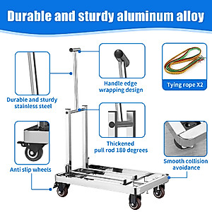 YZNKLXF Folding Hand Truck, 500lbs Stainless Steel Foldable Dolly Cart with 4 Wheels & 2 Elastic Ropes for Luggage for Luggage, Travel,Moving and Office Use, Shopping