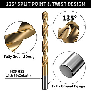 Cobalt Drill Bit Set 115 PCS, M35 High Speed Steel Bits for Hardened Metals Cast Iron, Stainless Steel, Plastic and Wood,with Metal Index Storage Box, 1/16"-1/2", A - Z, 1-60