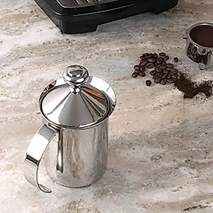 Fino Milk Creamer Frother Cappuccino Foam Pitcher with Handle and Lid, 18/8 Stainless Steel, 14-Ounce Capacity