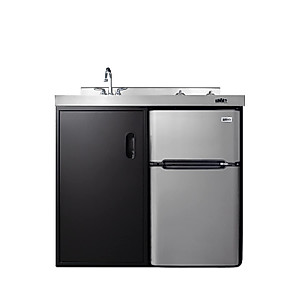 Summit Appliance C39ELGLASSBK 39" Wide All-in-One Kitchenette in Black with a 2-Burner 115V Smooth-Top Cooktop, 2-Door Refrigerator-Freezer, Sink, and Large Storage Cabinet