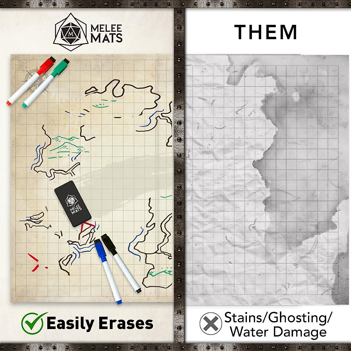 Melee Mats DND Map Starter Kit for Dungeons & Dragons Game - 23” x 27" Double Sided, Wet/Dry Erase Battle Terrain Grid - Ultimate Tabletop Board Gaming Experience with Accessories