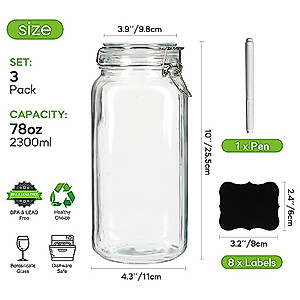 EkkoVla 78oz Glass Jars with Airtight Lids, Set of 3 Large Food Storage Containers, Square Glass Canisters for Pasta, Coffee, Candy, Flour, Cereal, Dog Treats, Snacks