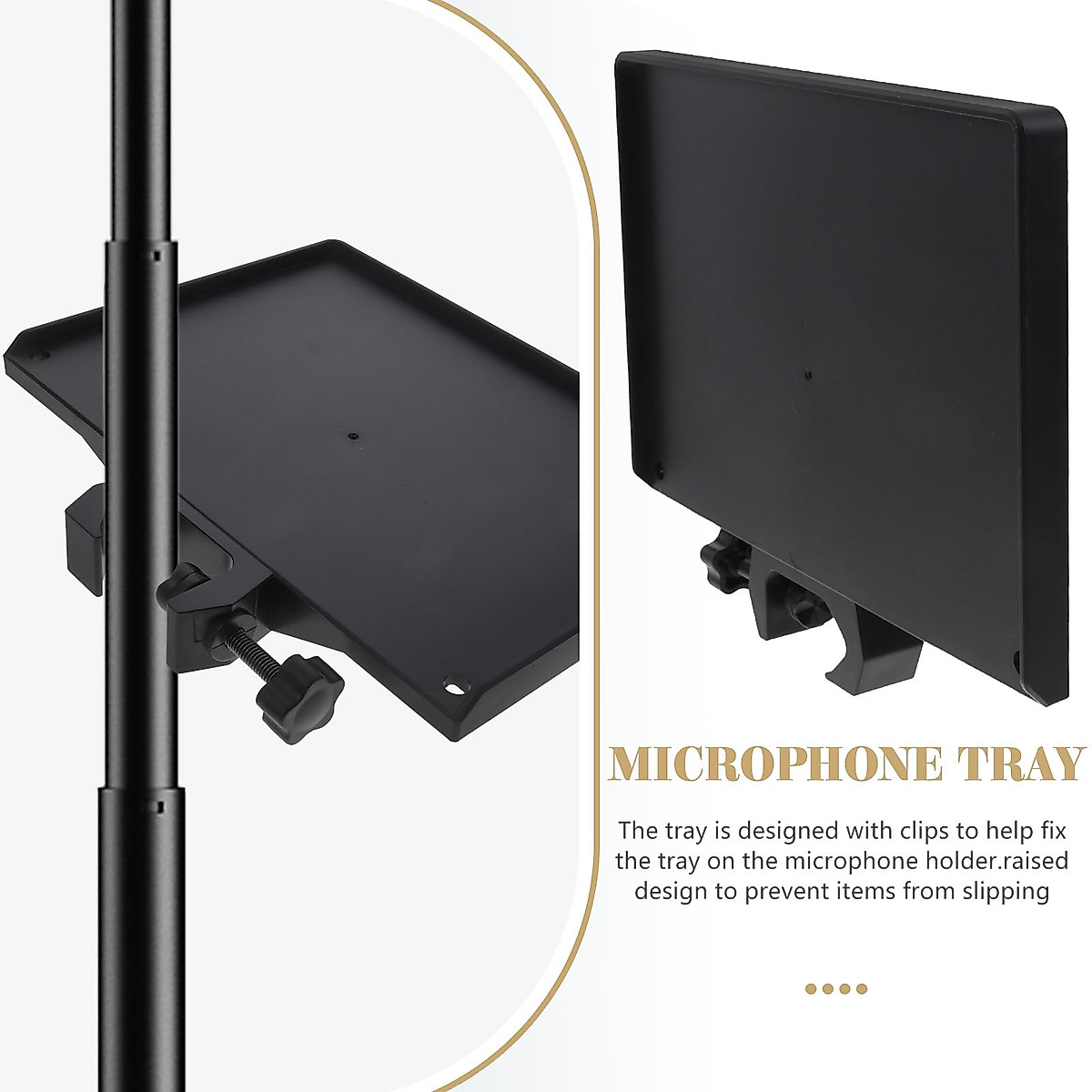 Microphone Stand Clamp- On Utility Shelf Adjustable Table Live Broadcast Mic Stand Phone Clip Holder Rack Music Sheet for Microphone Instrument Accessory Black