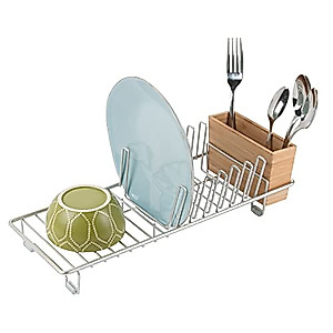 mDesign Compact Modern Kitchen Countertop, Sink Dish Drying Rack, Removable Cutlery Tray - Drain and Dry Wine Glasses, Bowls and Dishes - Metal Wire Drainer in Satin with Natural Bamboo Caddy