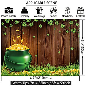 Drihanco 7x5ft St. Patrick's Day Decorations Backdrop Lucky Irish Festival Picture Background for Photography Wooden Wall Green Shamrock Clover Gold Coins Greenery Holiday Party Supplies Banner