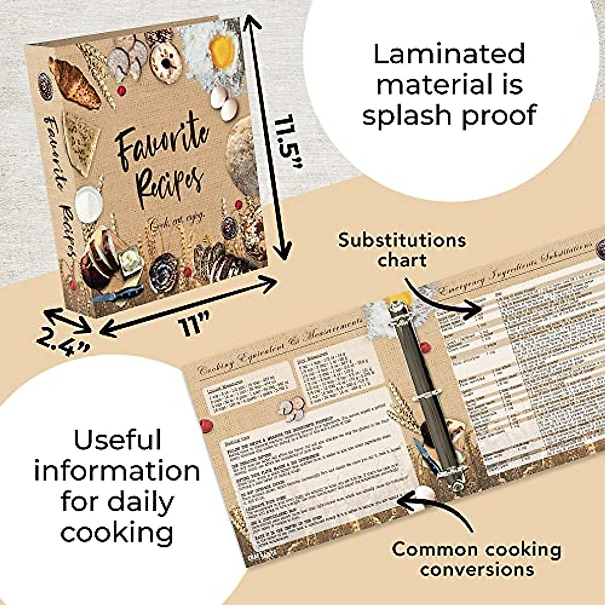Recipe Binder with Sheets, 3 Ring Full Page Organizer Kit 8.5x11 in. Book Binder with 25 Sheets & 16 Dividers & 32 Labels & 50 Plastic Sleeves. DIY Family Cookbook for Recipes (Bakery)