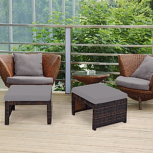 DORTALA 2 Piece Patio Wicker Ottomans, Outdoor Foot Rest with Cushions, PE Rattan Footstool for Patio, Garden, Poolside, Grey