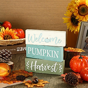 Geetery 3 Pcs Fall Decor, Thanksgiving Table Centerpiece, Welcome Pumpkin Harvest Wooden Block Sign Fall Decorations Farmhouse Autumn Decor for Home Table Office Room