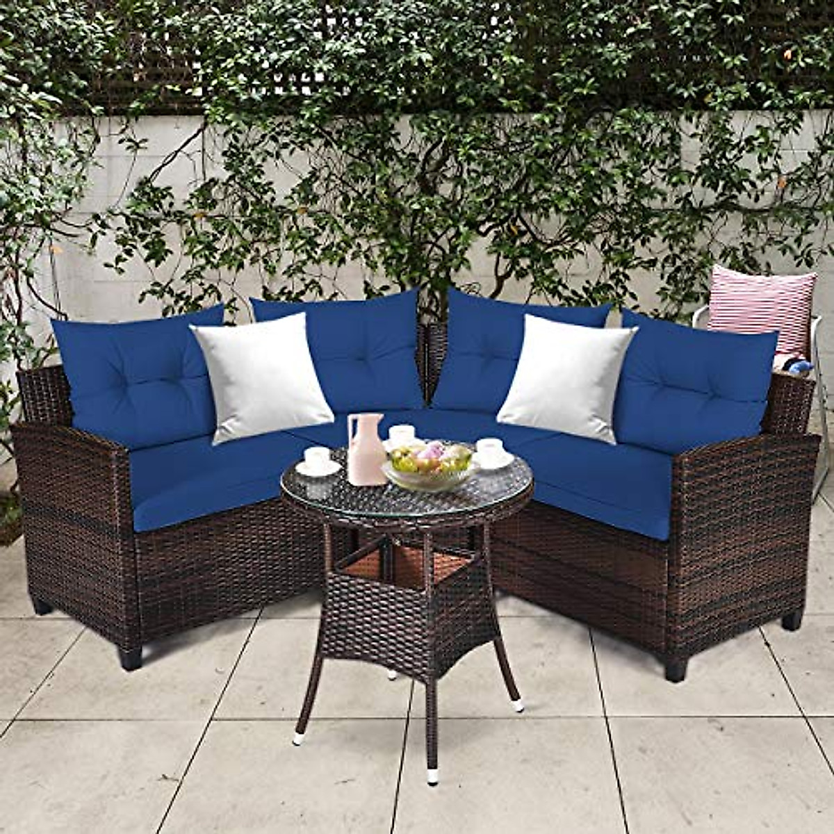 Tangkula 4-Piece Patio Furniture Set, C-Shape Outdoor Wicker Sectional Sofa Set, w/Cushions & Glass Coffee Table, Modern Deck Rattan Furniture for Garden Poolside Balcony (Navy Blue)