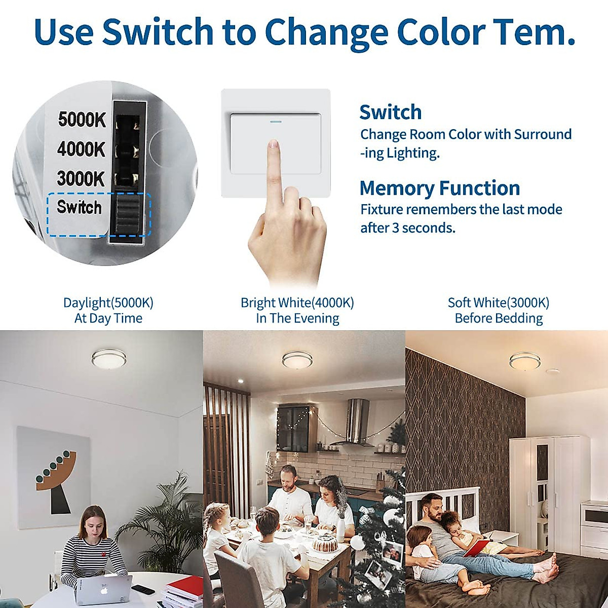 DAKASON 2Pack LED Flush Mount Ceiling Light Fixture 13” 20W, On/Off Switch to Select 3000K/4000K/5000K, Dimmable Ceiling Lamp for Kitchen, Hallway, Stairwell, Brushed Nickel