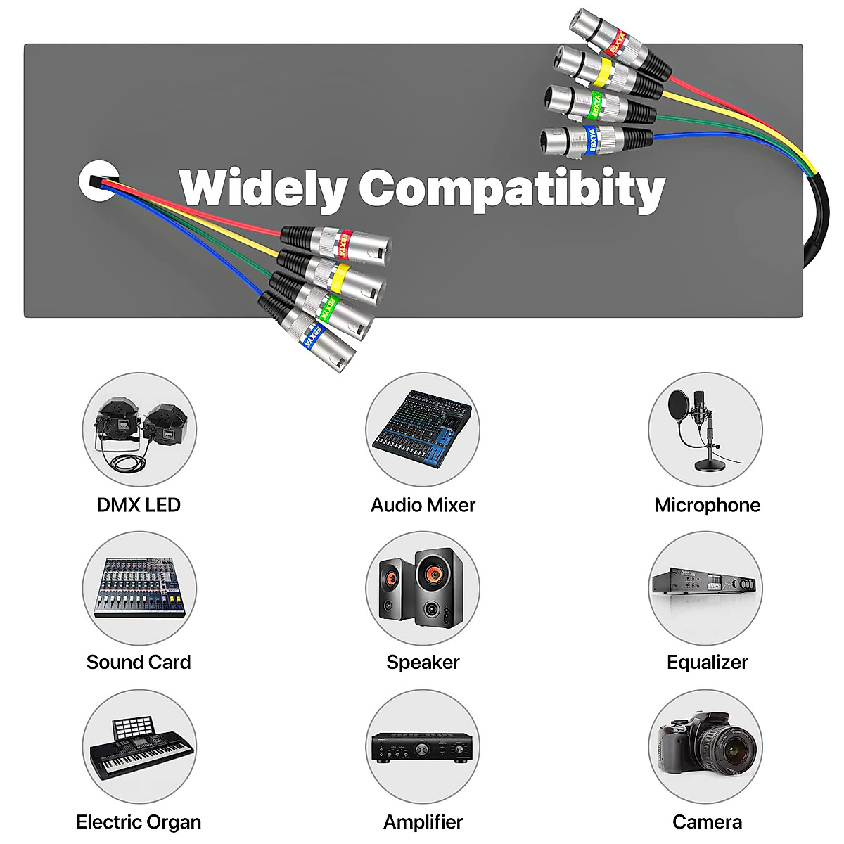 EBXYA 3 Ft XLR Snake Cables 4 Colored, 4-Channel Microphone Patch Cable XLR Male to Female, Recording Snake for Live, Recording, Studios 2 Pack